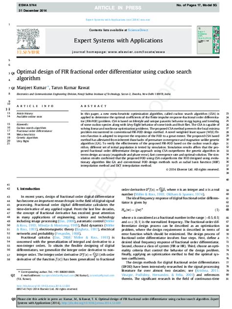 Pdf Optimal Design Of Fir Fractional Order Differentiator Using Cuckoo Search Algorithm