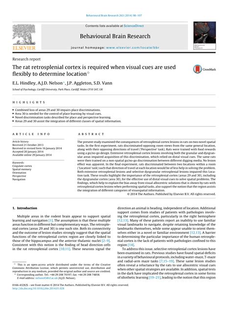 Pdf The Rat Retrosplenial Cortex Is Required When Visual Cues Are Used Flexibly To Determine