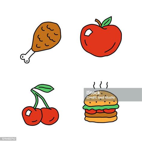 건강 하 고 유해한 영양 낙서 색상 아이콘 세트 닭 다리 잘 익은 사과 체리와 햄버거 손으로 그린 고립 된 벡터 일러스트레이션 정크 푸드 및 유기농 간식 천연 및 건강에