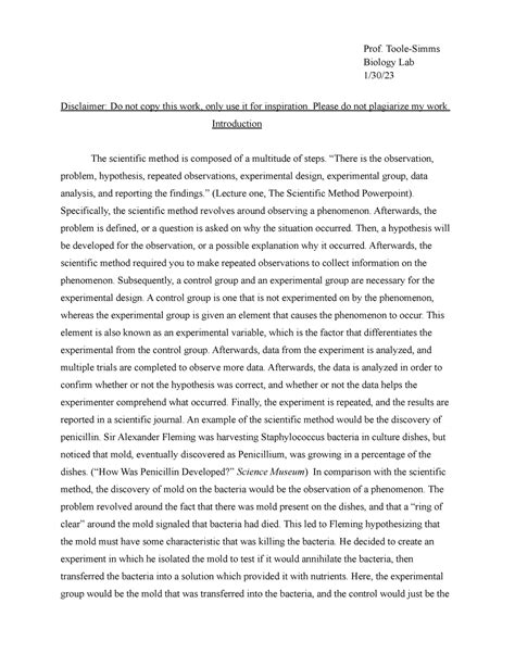Biology 101 Scientific Method Introduction Prof Toole Simms