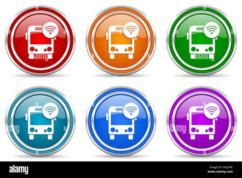 Bus With Wifi Silver Metallic Glossy Icons Set Of Modern Design Buttons For Web Internet And