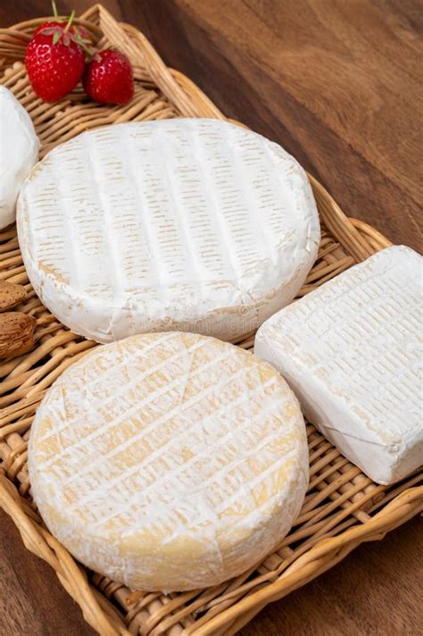 French Soft Camembert Cheese Original Camembert De Normandie Close Up With White Mold Stock
