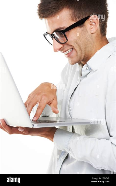 Nerd Business Man Typing On Laptop And Software Isolated On A White Background Happy Geek In