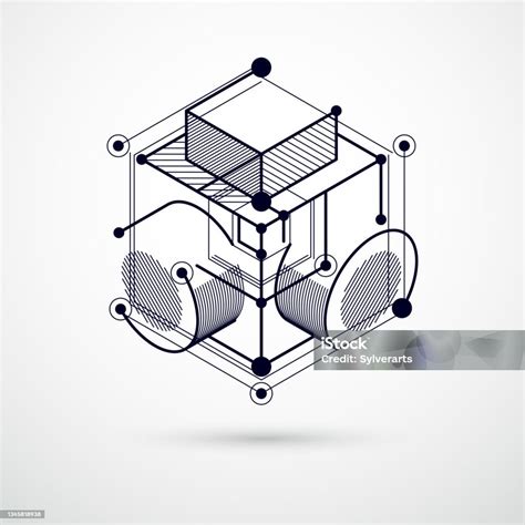 라인과 3d 큐브로 만든 흑백 산업 시스템의 벡터 드로잉입니다 최신 기하학적 조성물은 템플릿 및 레이아웃으로 사용할 수 있습니다 삼각법에 대한 스톡 벡터 아트 및 기타