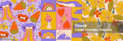 트리피 그래픽 포스터 세트 복고풍 그루비 꽃과 입술 태양 무지개 심장이 있는 포스터 광장 트리피 그루비 70년대 그래픽 만화 벡터 일러스트레이션 데이지 눈이 있는 매끄러운