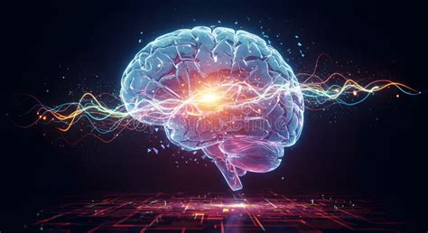 Futuristic Brain Visualization With Synaptic Activity And Data Flow Concept Stock Illustration