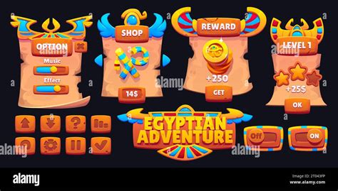 Egypt Ui Game Interface Vector Button Icon Set Egyptian Gui Menu Design Kit With Scroll Banner