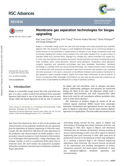 Chen 2015 Membrane Gas Separation Technologies For Biogas Upgrading Pdf Biogas Anaerobic