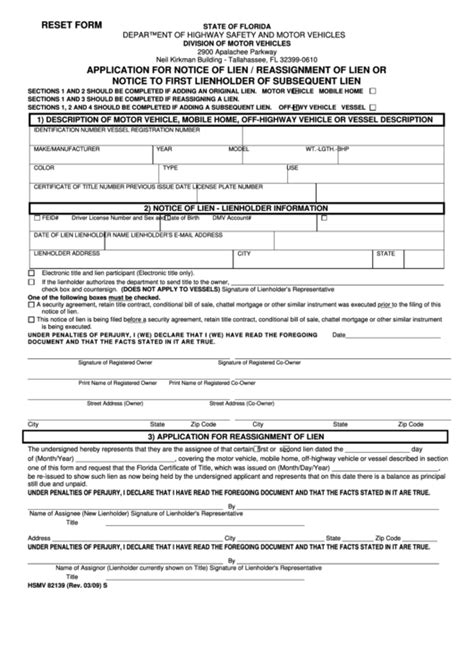 Fillable Form Hsmv 82139 Application For Notice Of Lienassignment Of