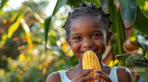 Premium Photo Portrait Of A African Girl Eating Grilled Corn With A Blurry Corn Field Backdrop