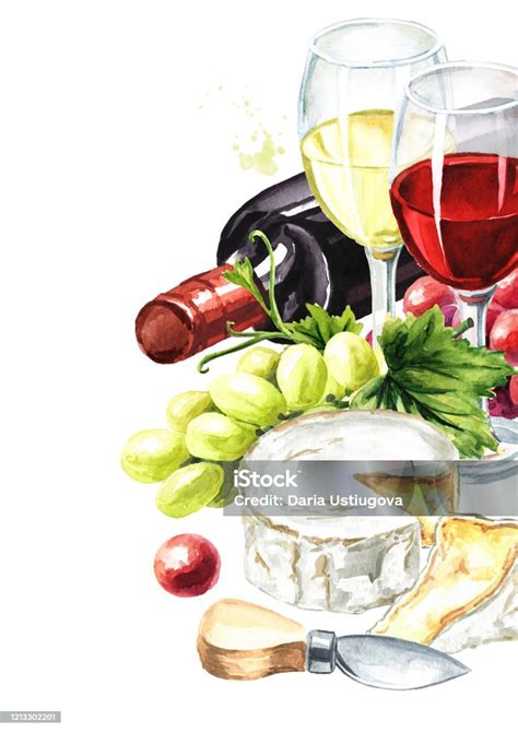 카망베르 화이트 몰드 이탈리안 포도 안경 와인 1병을 곁들인 프렌치 치즈 흰색 배경에 고립 된 손으로 그린 수채화 그림 수채화에 대한 스톡 벡터 아트 및 기타 이미지