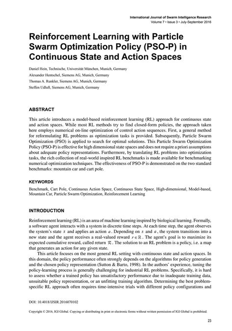 Reinforcement Learning With Particle Swarm Optimization Policy Pso P In Continuous State And