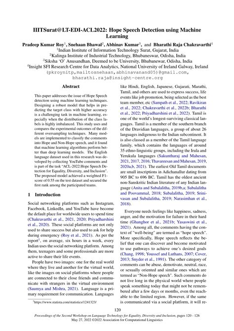 Pdf Iiitsurat Lt Edi Acl2022 Hope Speech Detection Using Machine Learning