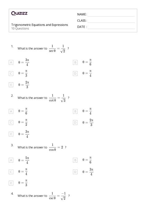 แผ่นงาน สมการตรีโกณมิติ มากกว่า 50 แผ่นในราคา ชั้นประถมศึกษาปีที่ 9 ใน Quizizz ฟรีและพิมพ์ได้