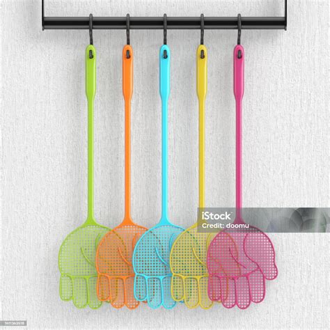 벽에 매달려있는 손 모양의 다색 플라이 스와터 세트 3d 렌더링 파리채에 대한 스톡 사진 및 기타 이미지 파리채 배경 주제 색상 이미지 Istock