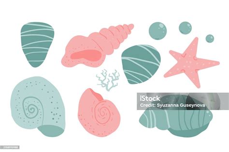 다양한 조개껍데기 불가사리 산호 부드러운 파스텔 톤의 조약돌을 연상시키는 둥근 모양으로 설정된 고요한 수중 세트 벡터 손으로 그린 평면 컬렉션 그림입니다 개체 그룹에 대한