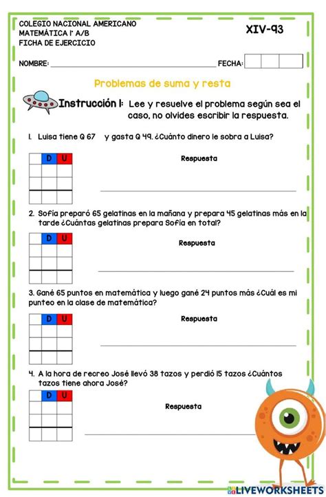 Hoja De Trabajo De Matemáticas Con Problemas De Palabras