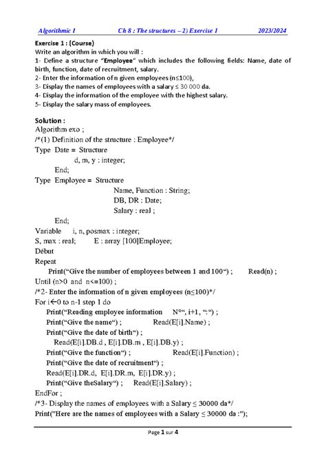 2 The Structure Exercise 1 Exercise 1 Course Write An Algorithm In Which You Will 1