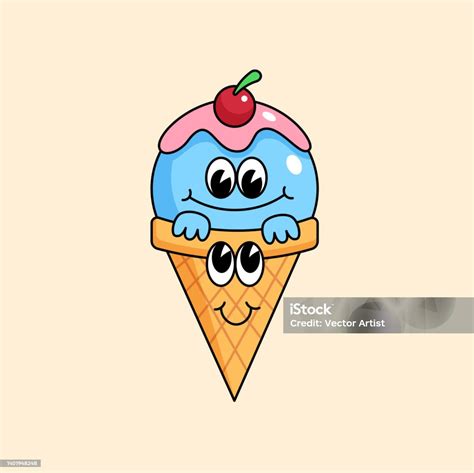 와플 콘 마스코트 캐릭터 디자인으로 귀여운 미소 짓는 사랑스러운 아이스크림 우정 오래된 학교 복고풍 스타일 만화 벡터 일러스트