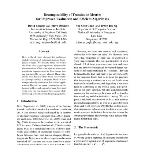 Decomposability Of Translation Metrics For Improved Evaluation And Efficient Algorithms Acl