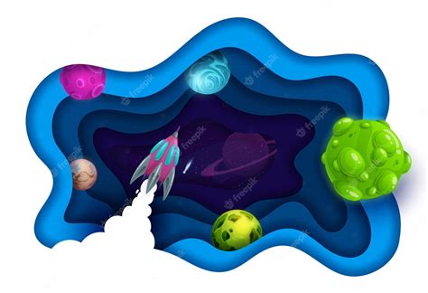 우주 종이 절단 로켓 발사 및 은하계 행성 프리미엄 벡터