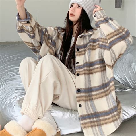 체크 카라 버튼 루즈핏 모직 셔츠 남방 pj