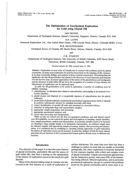 Pdf The Optimization Of Geochemical Exploration For Gold Using Glacial Till