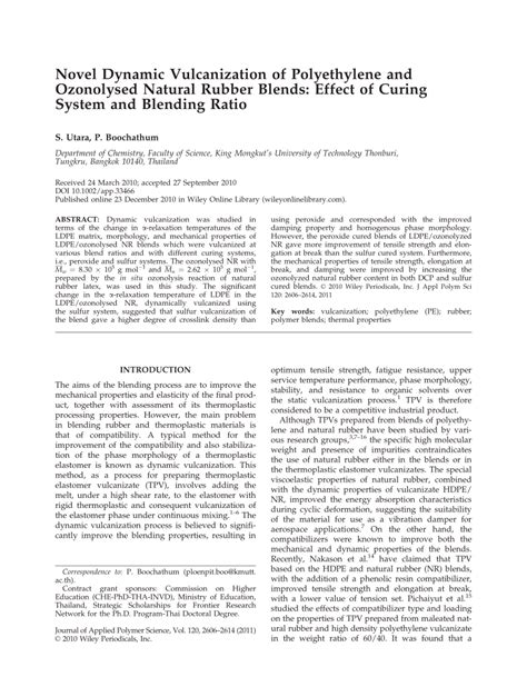 Pdf Novel Dynamic Vulcanization Of Polyethylene And Ozonolysed Natural Rubber Blends Effect