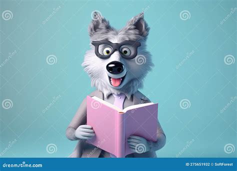 Wolf Smiling Bookworm Character Wearing Glasses And Reading A Book