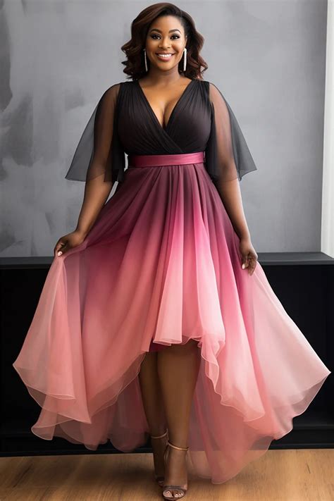Xpluswear Design Plus Size Formal Pink Gradient V Neck Short Sleeve Asymmetric Hem Chiffon Midi