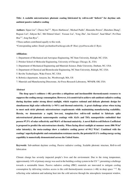 Pdf A Scalable Microstructure Photonic Coating Fabricated By Roll To