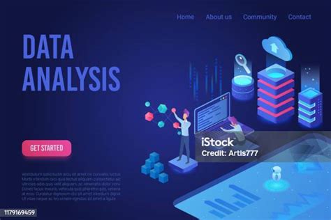데이터 분석 어두운 네온 빛 등각투영 웹 배너 벡터 템플릿 개념에 대한 스톡 벡터 아트 및 기타 이미지 개념 개발 경영자