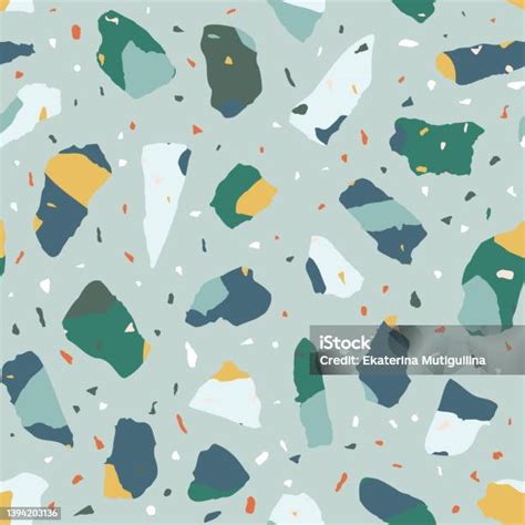 벡터 테라조 이음새가 없는 패턴 추상 컬러 이탈리아 바닥재 돌 콘크리트 녹색과 파란색 질감 인테리어 디자인 인쇄 벽지 직물을위한