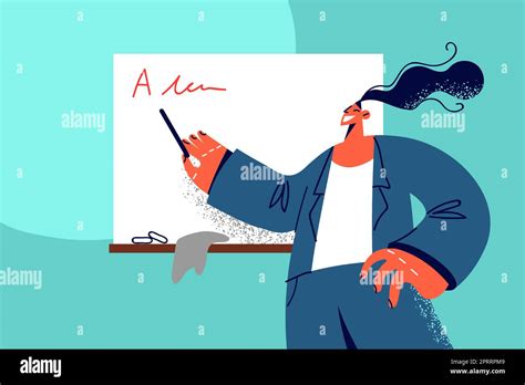 Smiling Female Teacher With Pointer At Lesson In Classroom Happy Woman Tutor Explain Subject