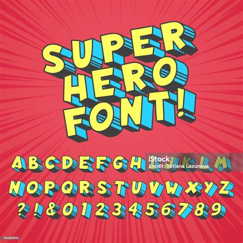슈퍼 영웅 만화 글꼴입니다 만화 그래픽 타이포 그래피 재미 슈퍼 영웅 알파벳 및 창조적 인 글꼴 문자 기호 벡터 세트 슈퍼히어로에 대한 스톡 벡터 아트 및 기타 이미지