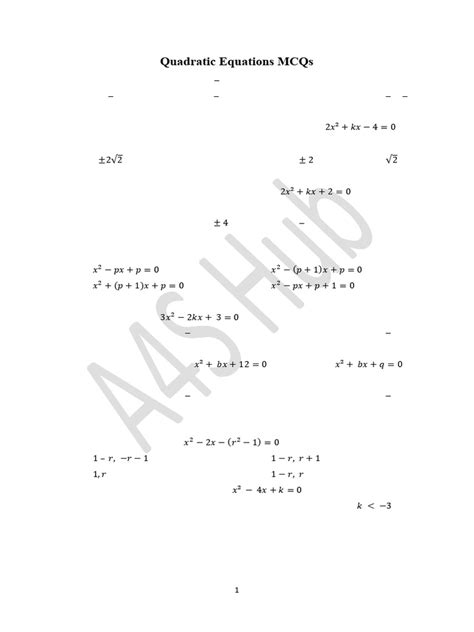 4 Quadratic Equation Mcqs Pdf