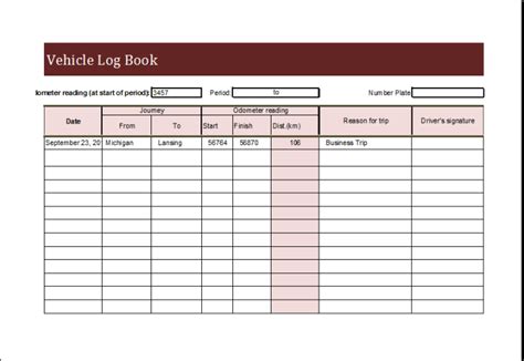 Example Of Printable Vehicle Log Book Template Templateral