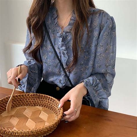 당일 출고 D00 1107 브리블 블라우스 쉬폰 레이스 셔링 청남방 데님셔츠 롱블라우스 하이넥셔츠 차이나 Up