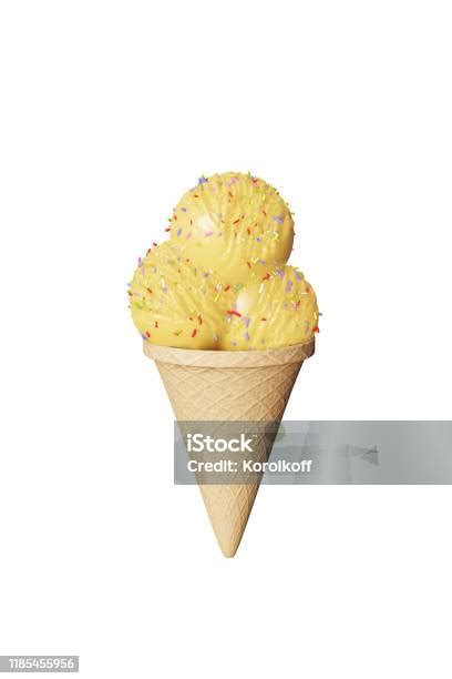 흰색 배경에 고립 된 와플 콘에 매우 상세한 맛있는 공 캐러멜 아이스크림 3d 일러스트레이션 0명에 대한 스톡 사진 및 기타 이미지 Istock