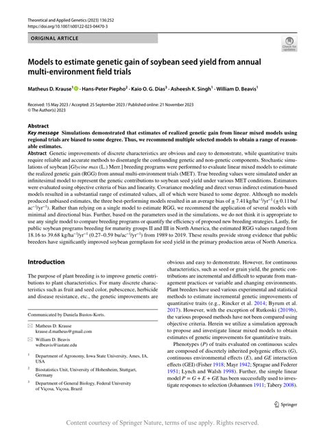 Pdf Models To Estimate Genetic Gain Of Soybean Seed Yield From Annual Multi Environment Field