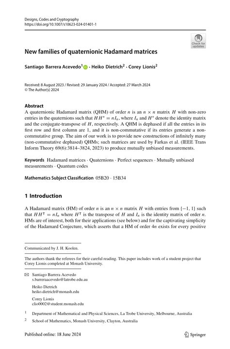 Pdf New Families Of Quaternionic Hadamard Matrices