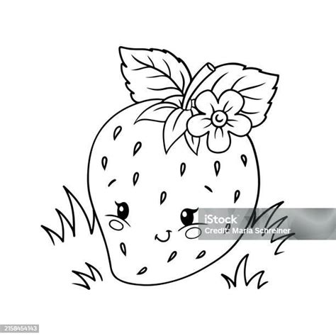 만화 스타일 색칠 공부 페이지에 귀여운 미소 딸기 흰색 배경에 고립 된 검은 윤곽선 벡터 그림 아이들을 위한 색칠 또는 활동 책에 대한 템플릿 0명에 대한 스톡 벡터 아트