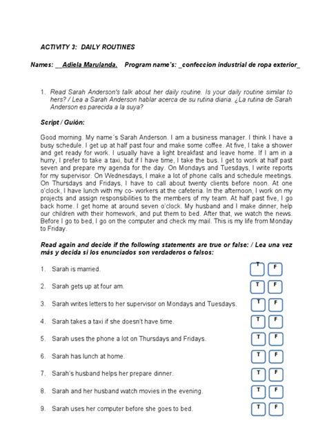 Activity 3 Daily Routines Pdf Grammar Syntax