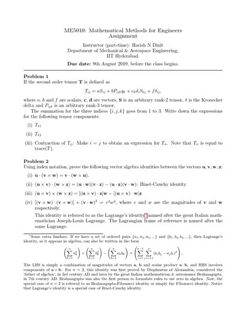 mathematical methods for engineers assignment on tensor algebra and