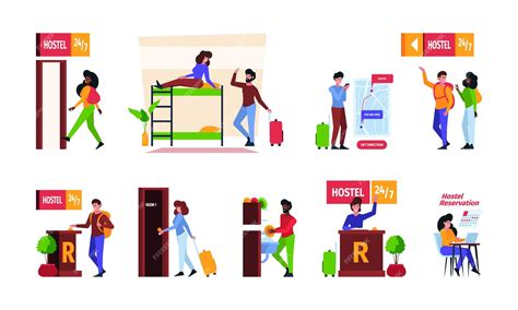 호스텔 가구 인테리어 룸에서 학생 방 대학생 라이프 스타일 공유 현대 호텔 가구 현란한 벡터 간단한 삽화 프리미엄 벡터