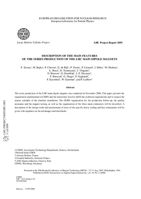 Pdf Description Of The Main Features Of The Series Production Of The Lhc Main Dipole Magnets