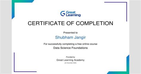 Data Science Foundations Course Completion Certificate For Shubham