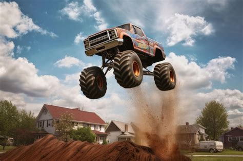 Premium Ai Image Monster Truck Midair During A High Jump Created With Generative Ai