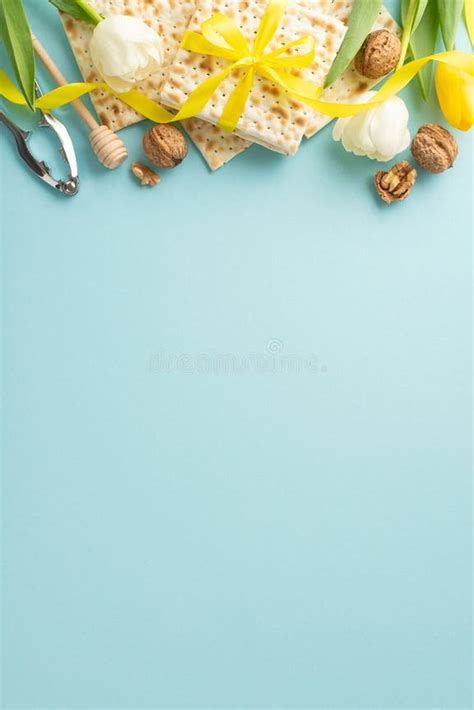 Graceful Passover Display Top View Vertical Photo Of Matza Encircled By Ribbon Walnuts Stock