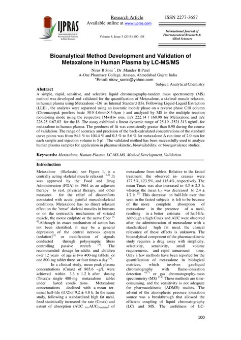Pdf Bioanalytical Method Development And Validation Of Metaxalone In Human Plasma By Lc Ms Ms